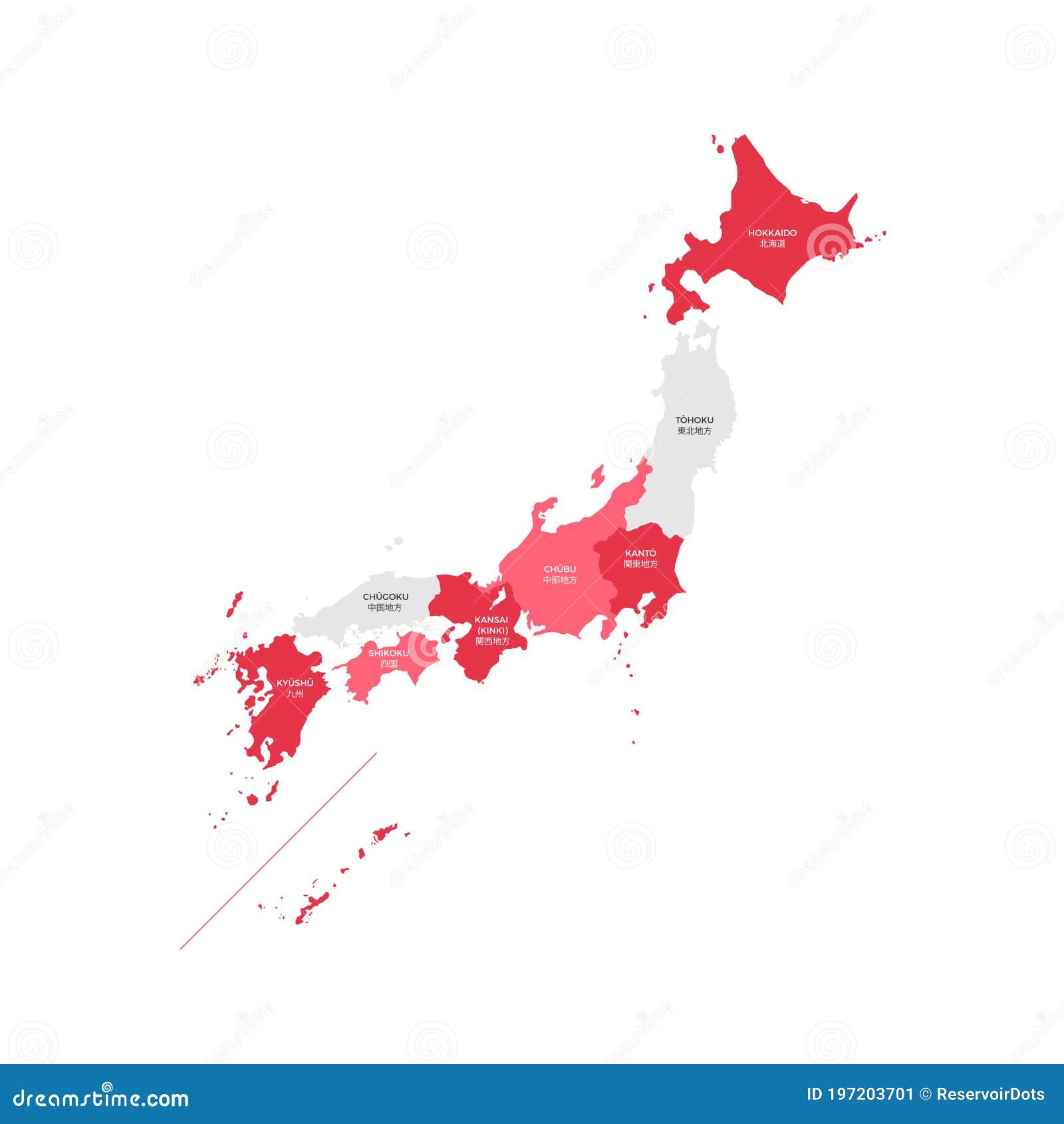 Japan Regions Map stock vector. Illustration of symbol - 197203701