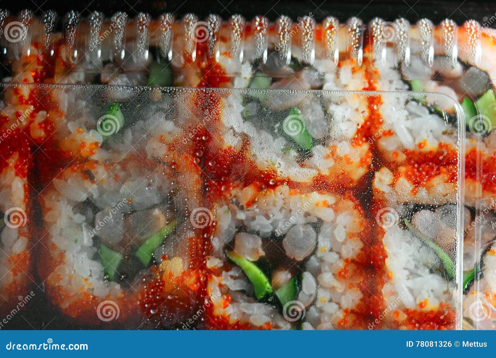 Japan Sushi in Packaging Box Top View, Drops of Water on Inner Side ...