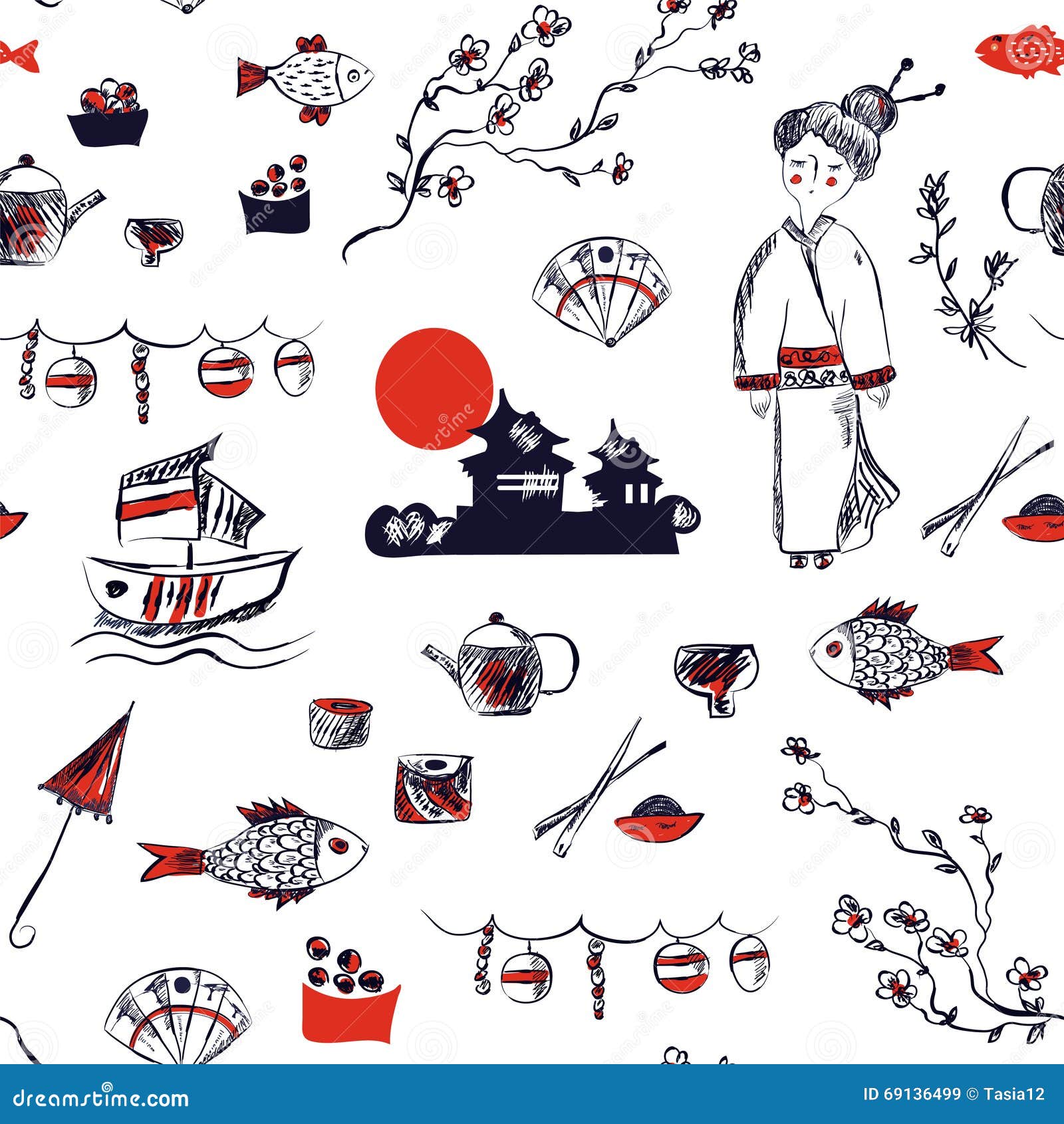 Japan Symbols Seamless Pattern - Graphic Hand Drawn Illustration Stock ...