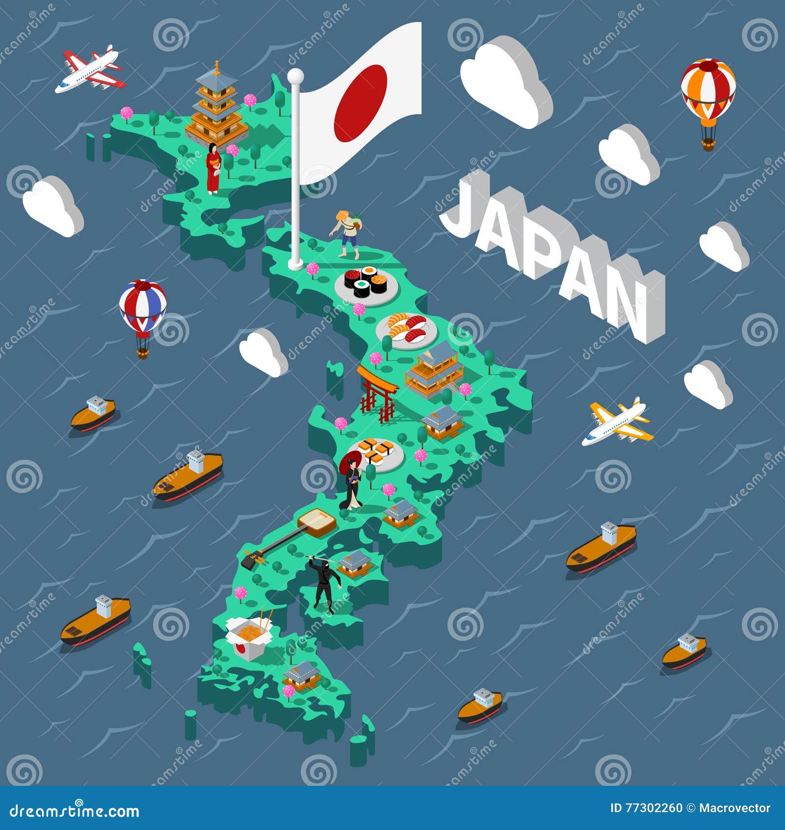 Japan Touristic Isometric Map Stock Vector - Illustration of oriental ...