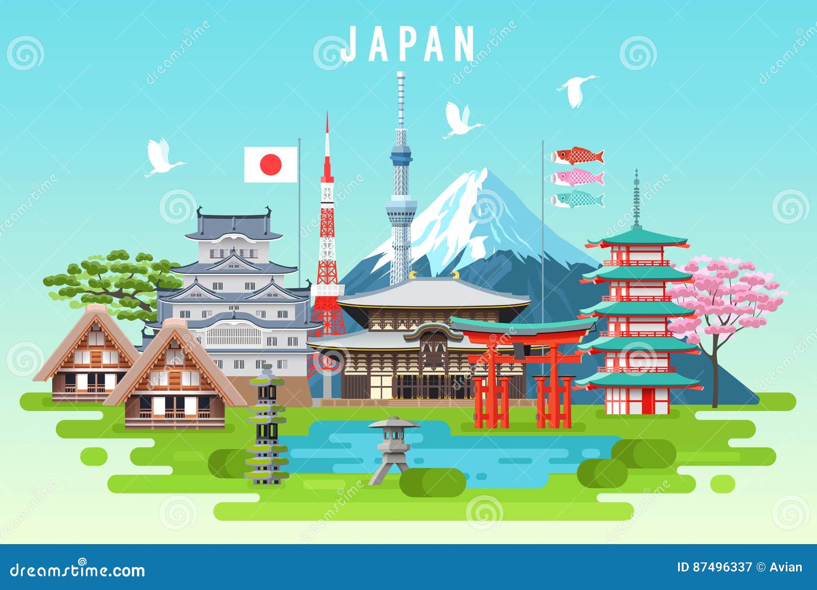 Japan Travel Guide Template. Set Of Japanese Landmarks. Vector ...