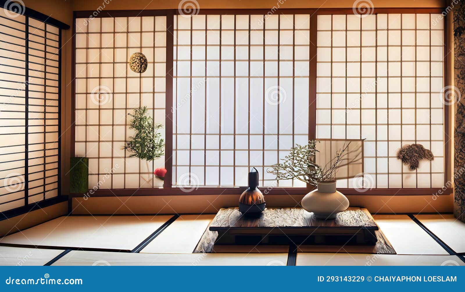 Japandi Concept of Living Room Interior with Design Wooden Commode ...