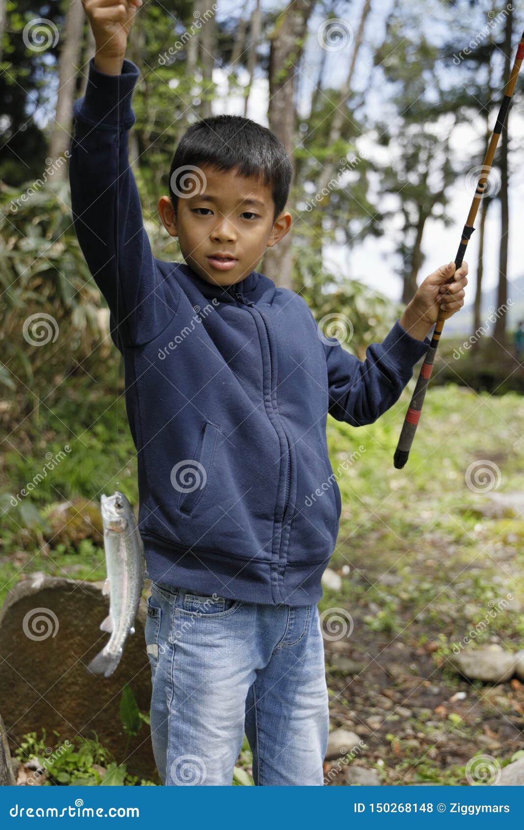 Japanese boy catching fish stock photo. Image of grader - 150268148