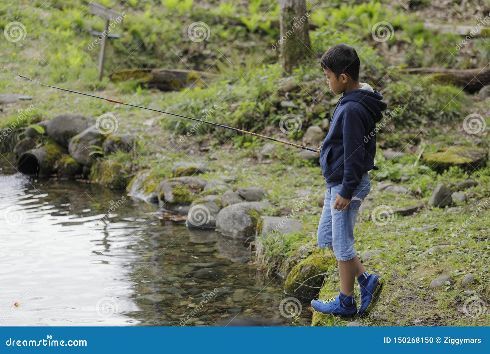 Japanese boy catching fish stock photo. Image of primary - 150268150