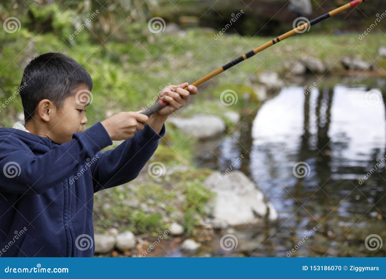 Japanese boy catching fish stock photo. Image of scene - 153186070