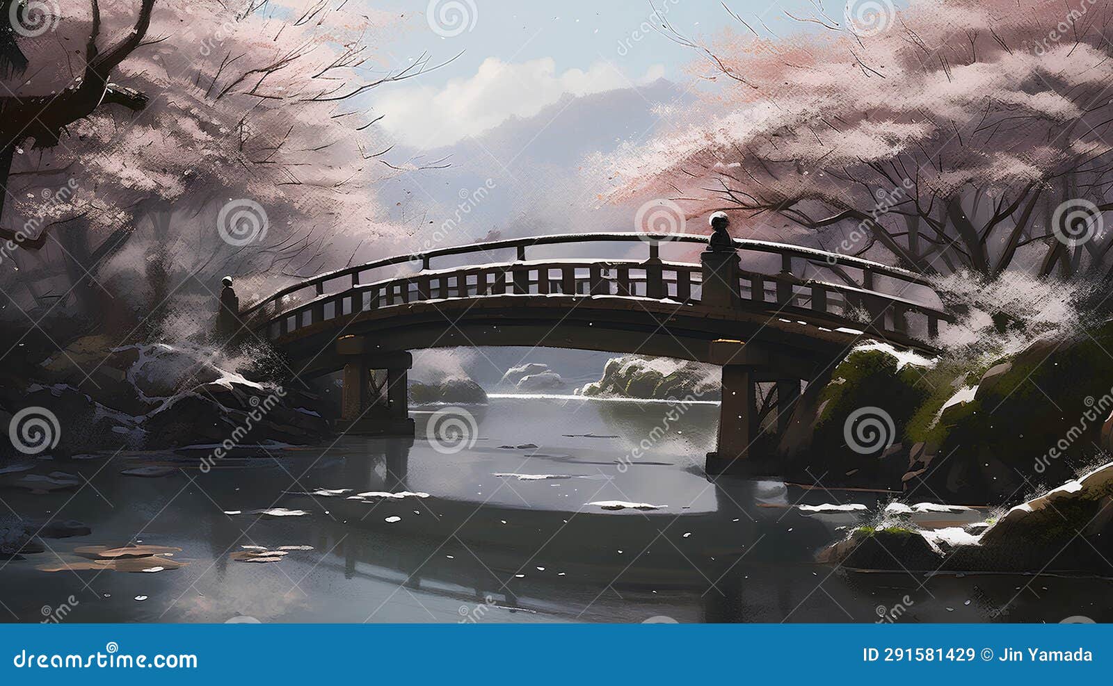 Japanese Bridge Over the River. Digital Painting of a Japanese Bridge ...