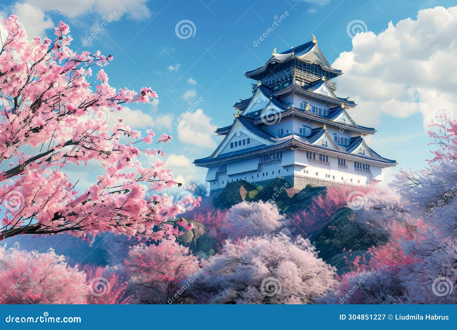 Japanese Castle on a Hill with Cherry Blossoms in the Foreground Stock ...