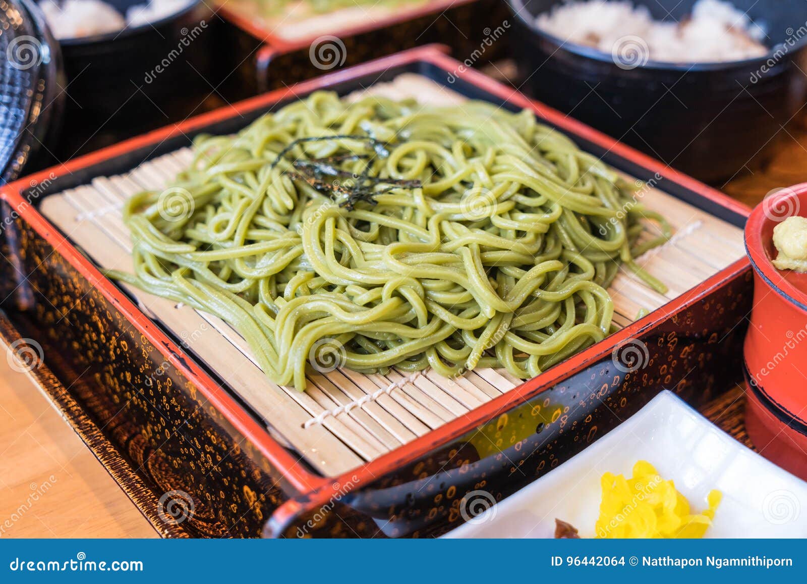Japanese Cha Soba (Green Tea Soba) in Dish Stock Photo - Image of ...