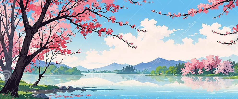 Japanese Cherry Blossom Trees And Lake Landscape Anime Manga
