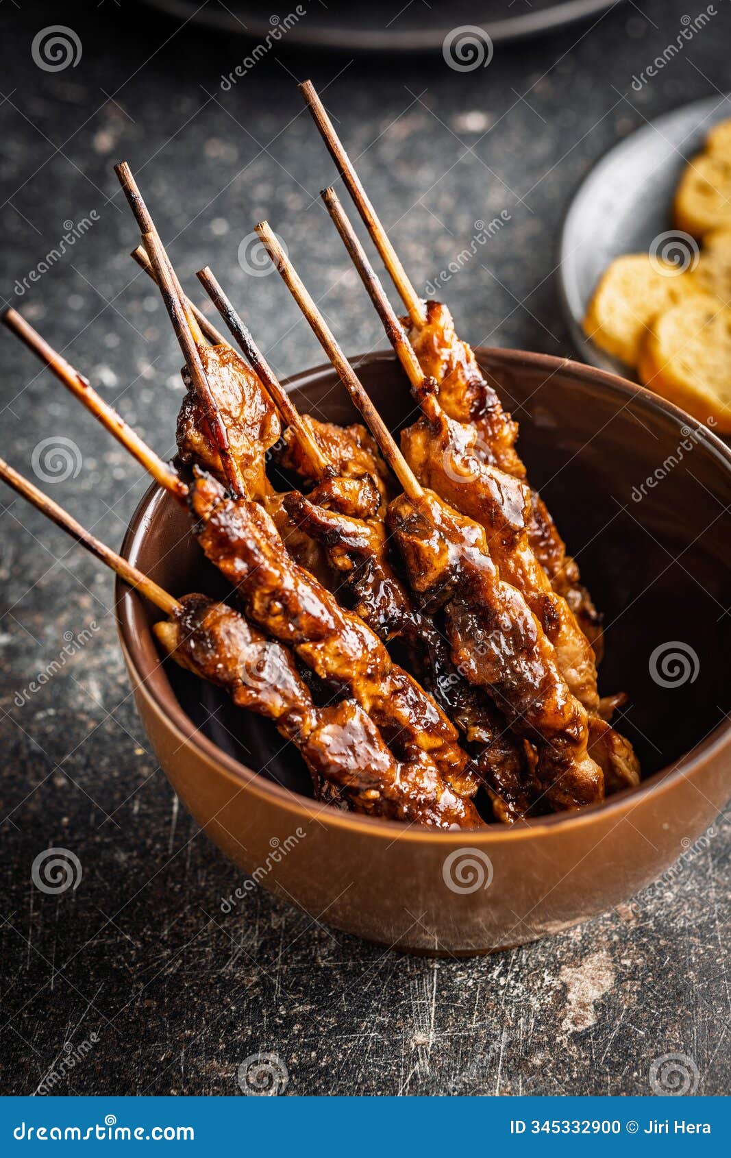 Japanese Chicken Yakitori in Bowl on Black Table Stock Photo - Image of ...