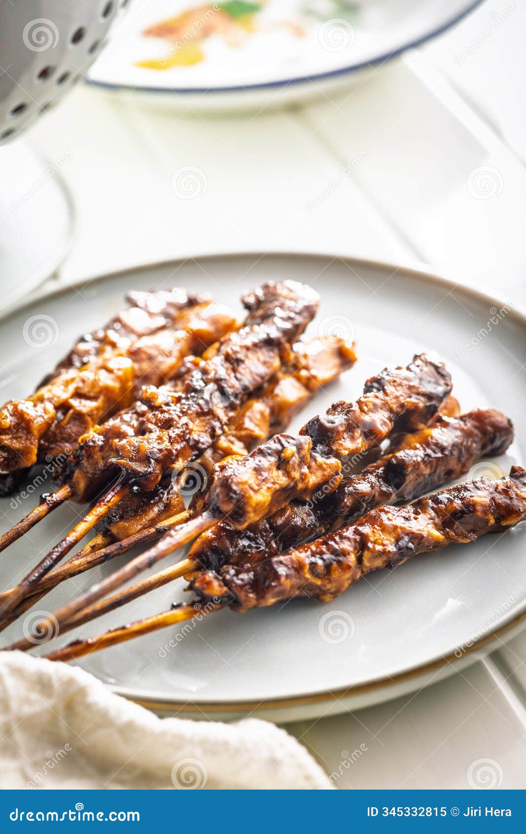 Japanese Chicken Yakitori on Plate on White Table Stock Image - Image ...