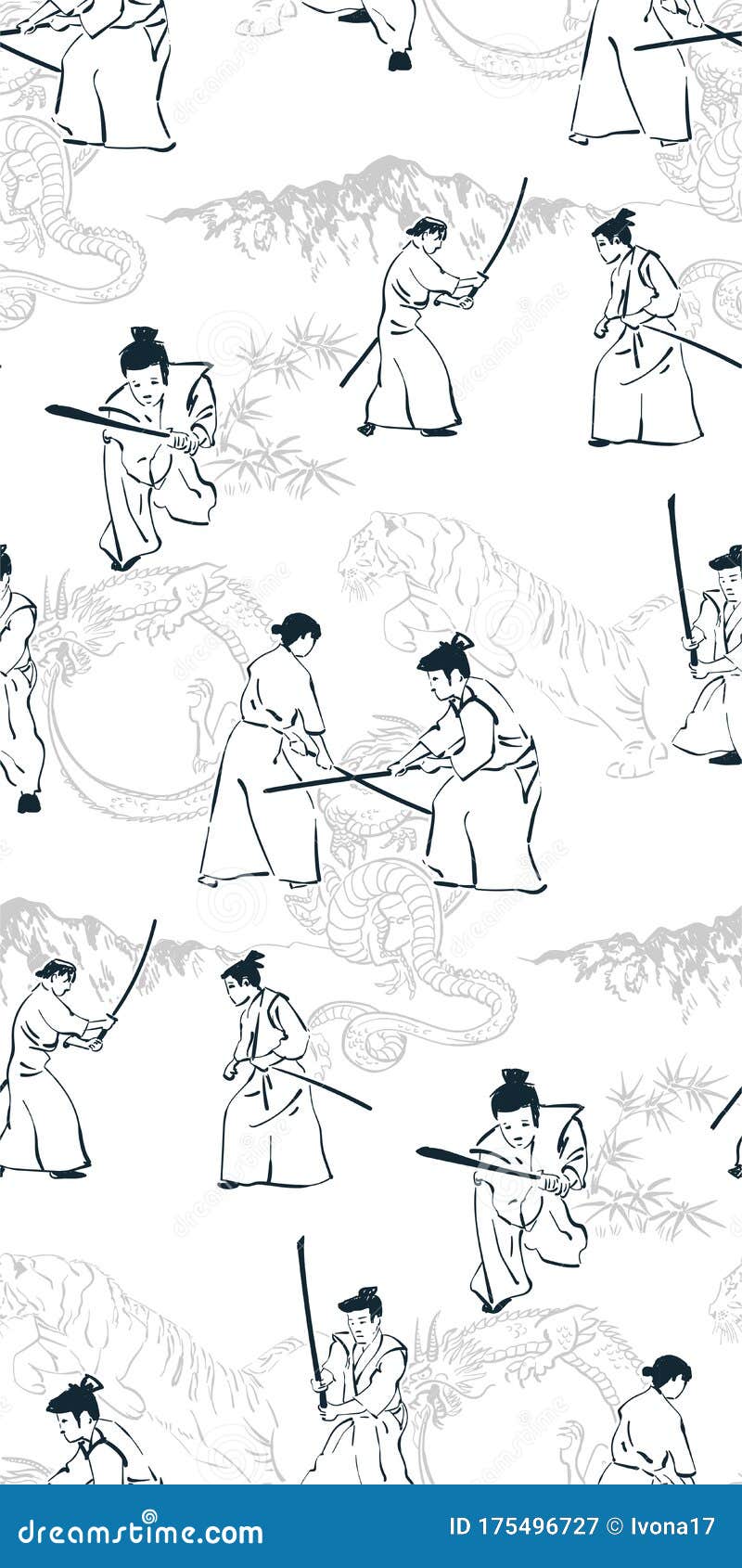 Japanese Chinese Vector Design Seamless Pattern Samurai Katana Stock ...