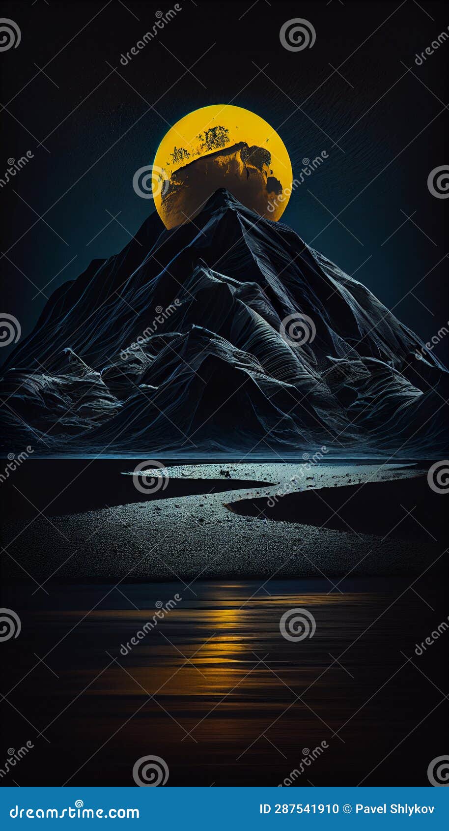 Japanese Classic Drawing with Full Moon Above Mountain Stock Photo ...