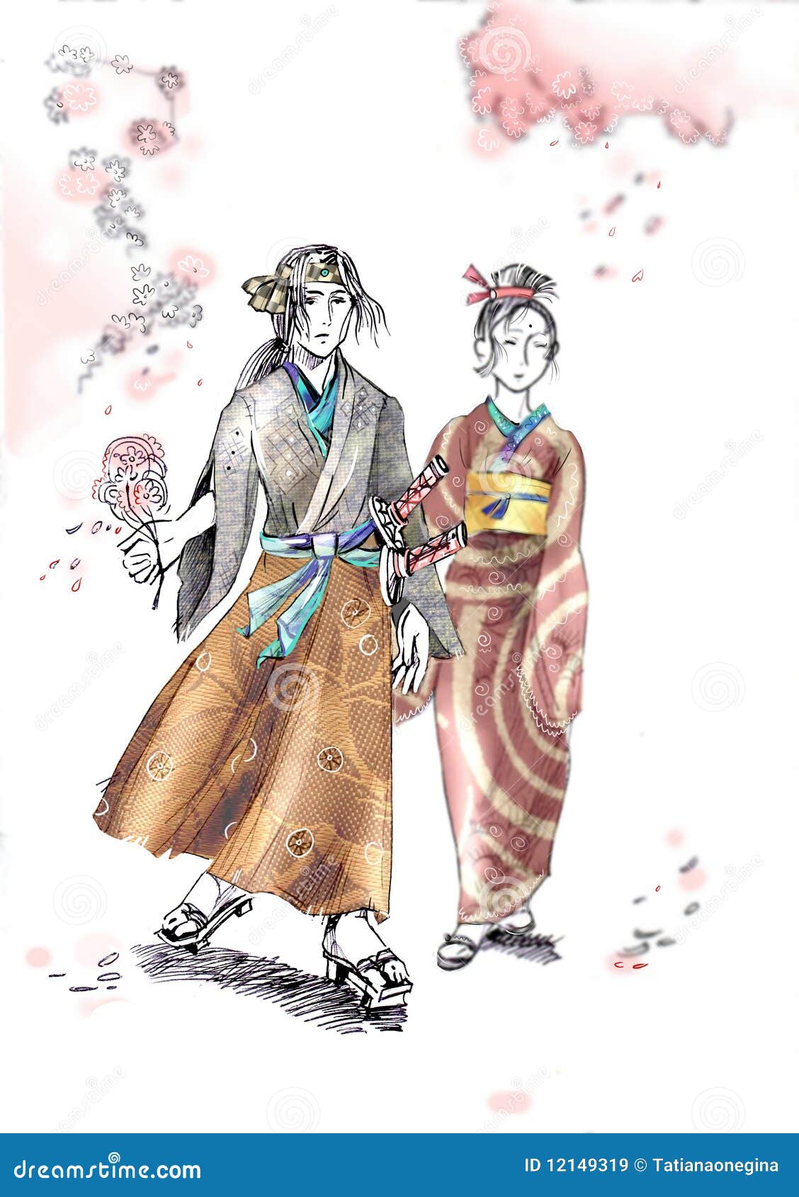 Couple Of Geisha And Samurai Standing Isolated On White Background ...