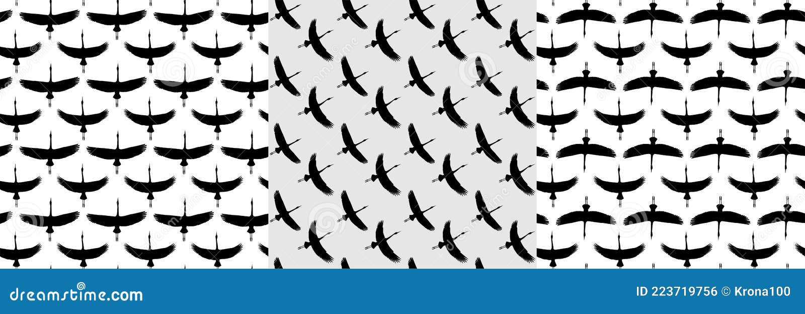 Japanese Cranes Silhouette Abstract Vector Seamless Pattern Set Stock ...