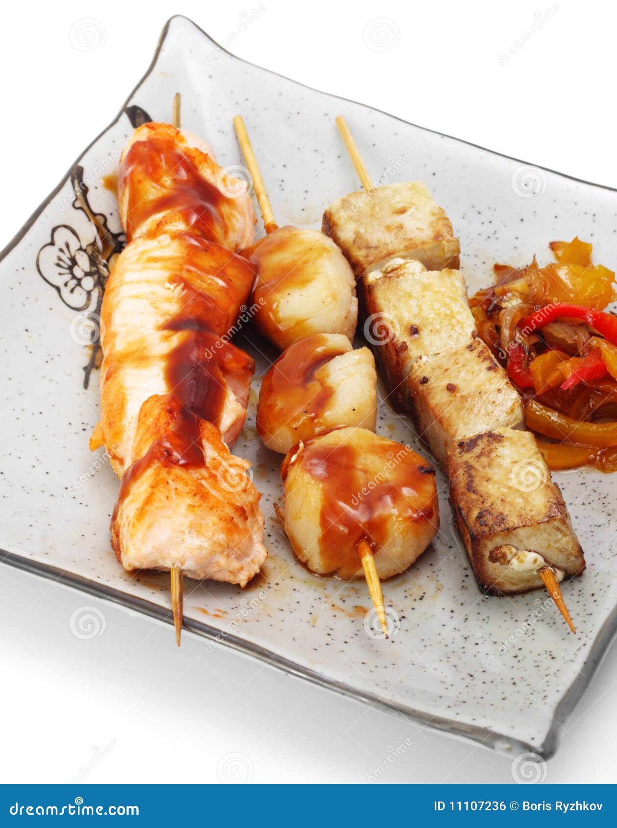 Japanese Cuisine - Skewered Seafood Stock Photo - Image of isolated ...