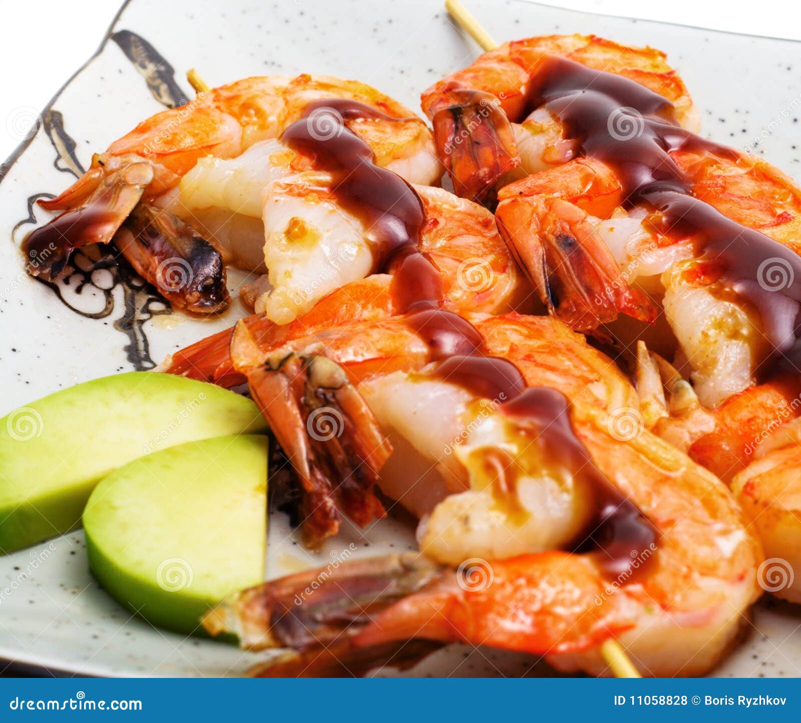 Japanese Cuisine - Skewered Shrimps Stock Photo - Image of plate, sauce ...