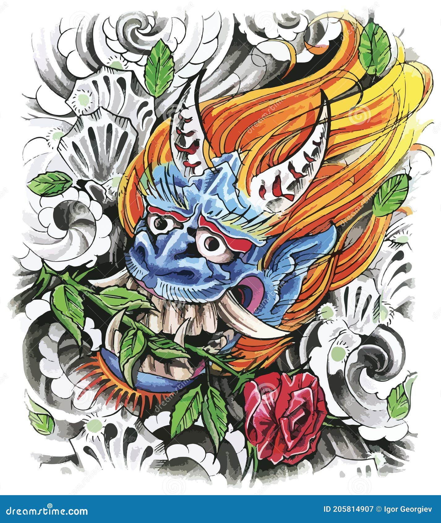Japanese Demon Head Tattoo Flash Set. Set of Labels and Elements ...