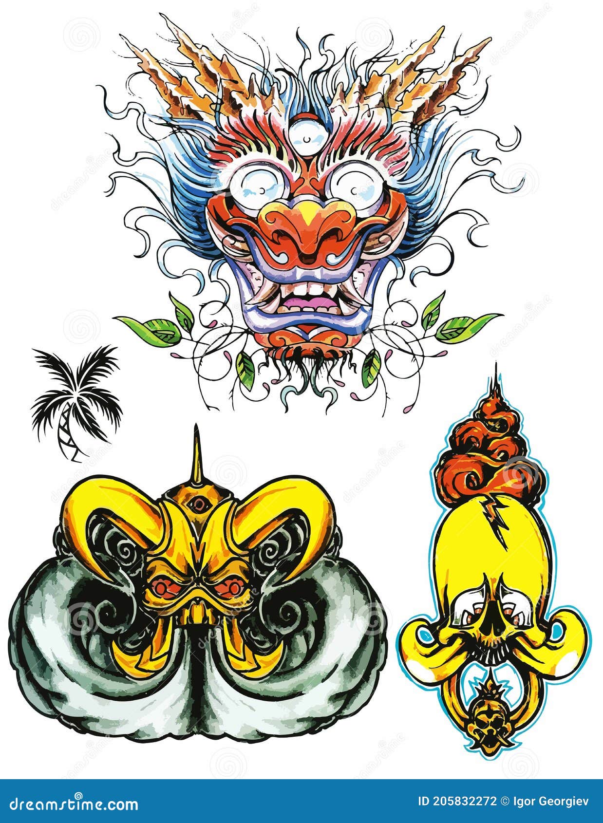 Japanese Demon Head Tattoo Flash Set. Set Of Labels And Elements ...