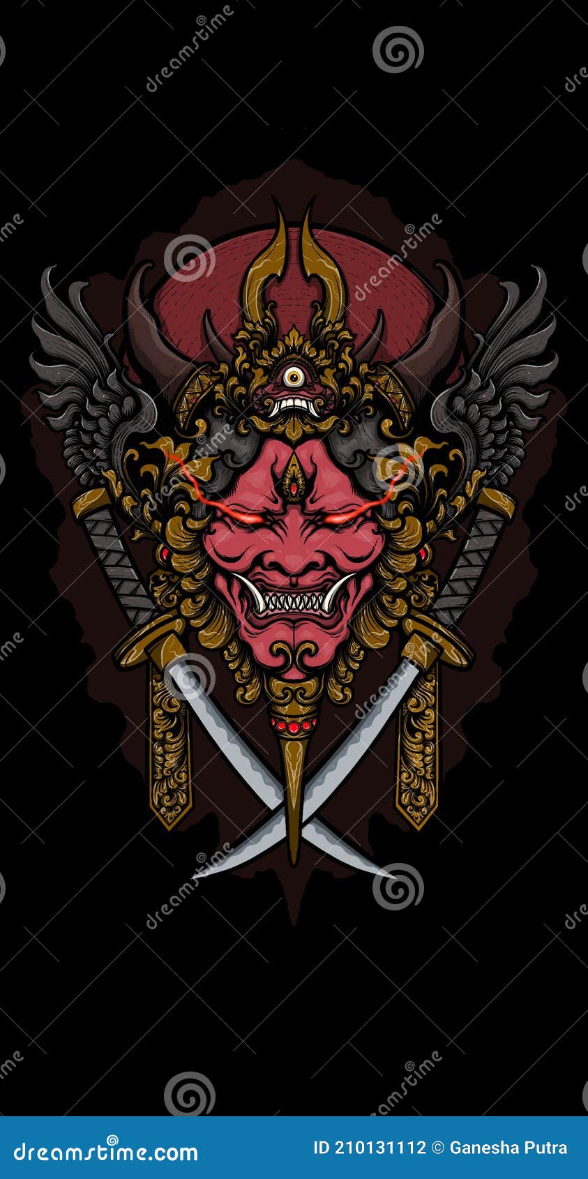 Japanese Devil Mask and Sword Stock Illustration - Illustration of mask ...