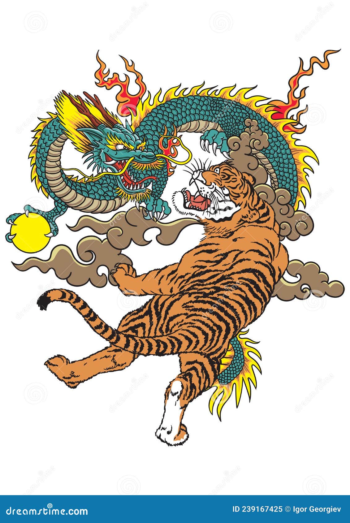Japanese Dragon and Tiger Tattoo. Set of Labels and Elements. Vector ...