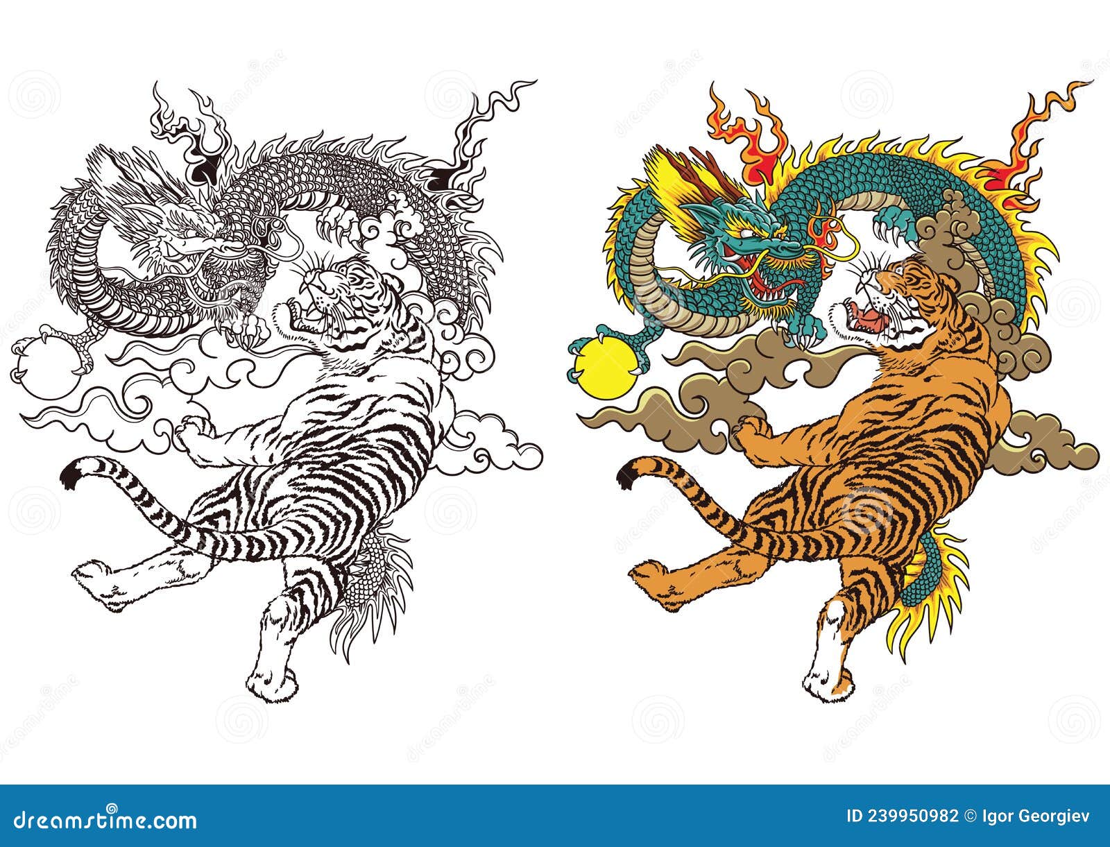 Japanese Dragon and Tiger Tattoo Set. Set of Labels and Elements ...