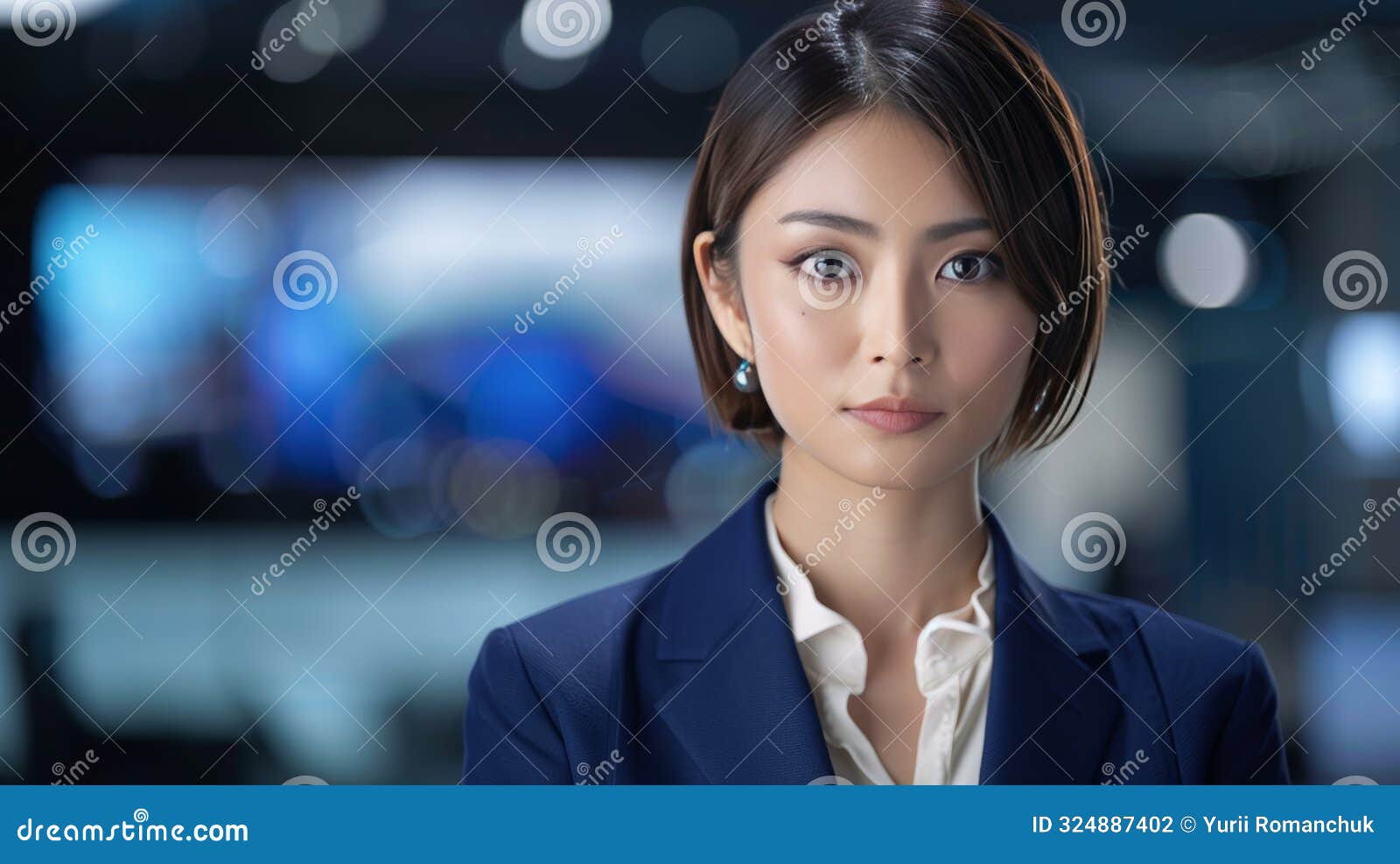 Japanese Female News Anchor Reporting in Studio with Serious Expression ...