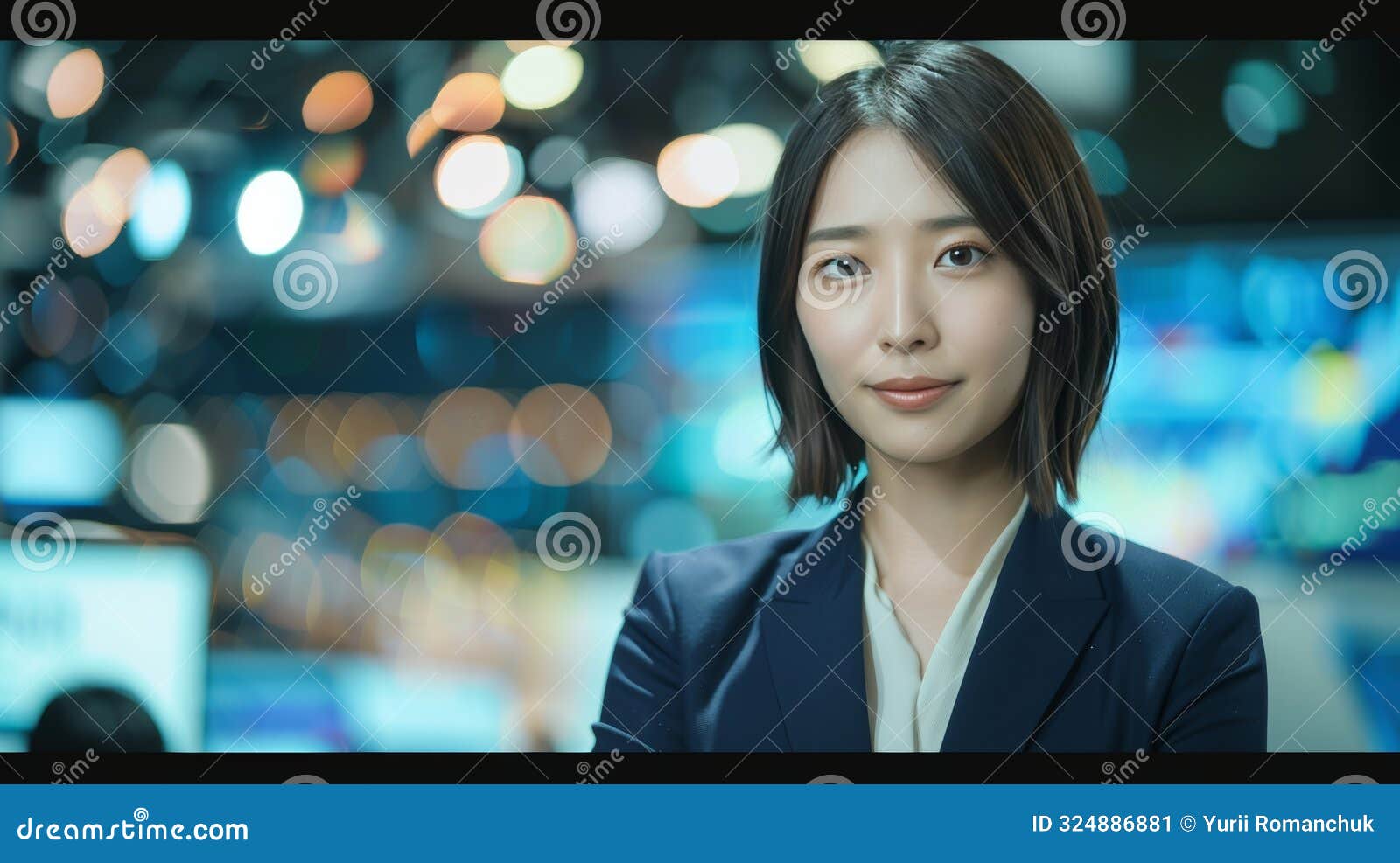Japanese Female News Anchor Reports in Studio, Serious Expression ...
