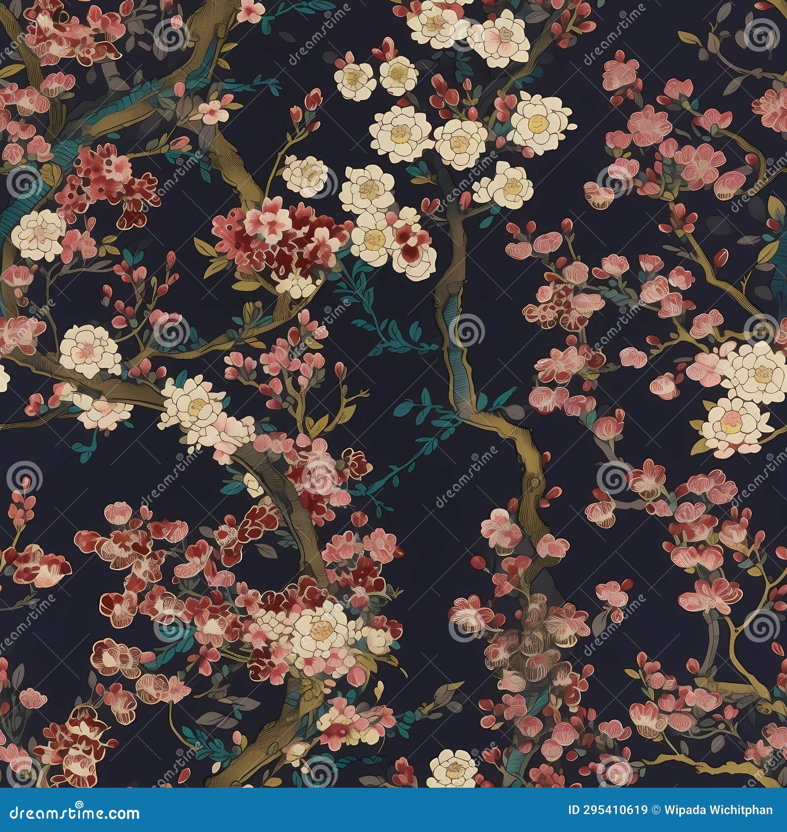 Japanese Floral Seamless Pattern with Cherry Blossom in Bight Color ...
