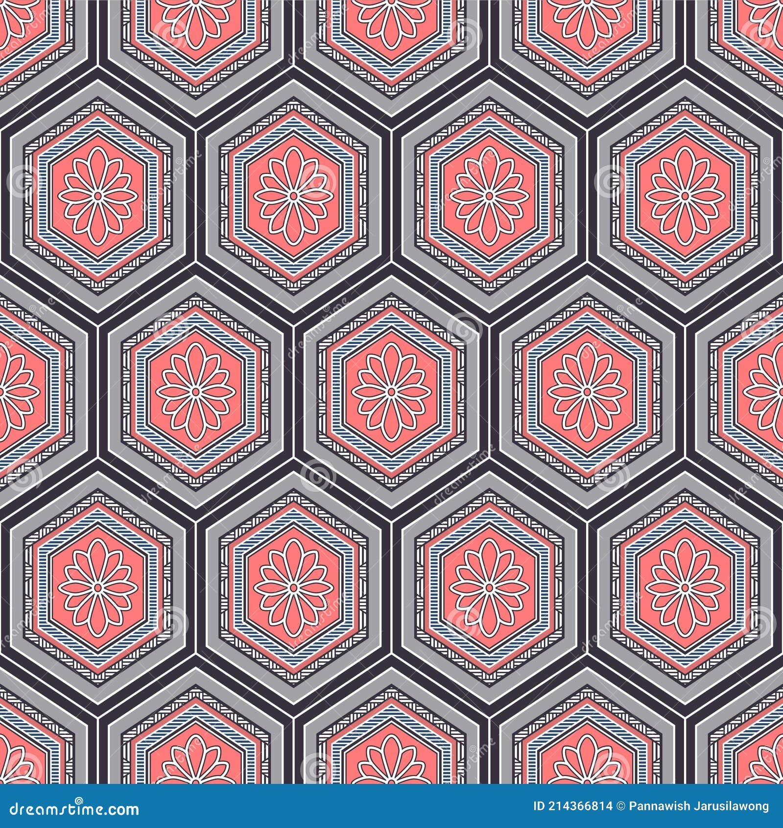 Japanese Flower Hexagon Turtle Shell Vector Seamless Pattern Stock ...
