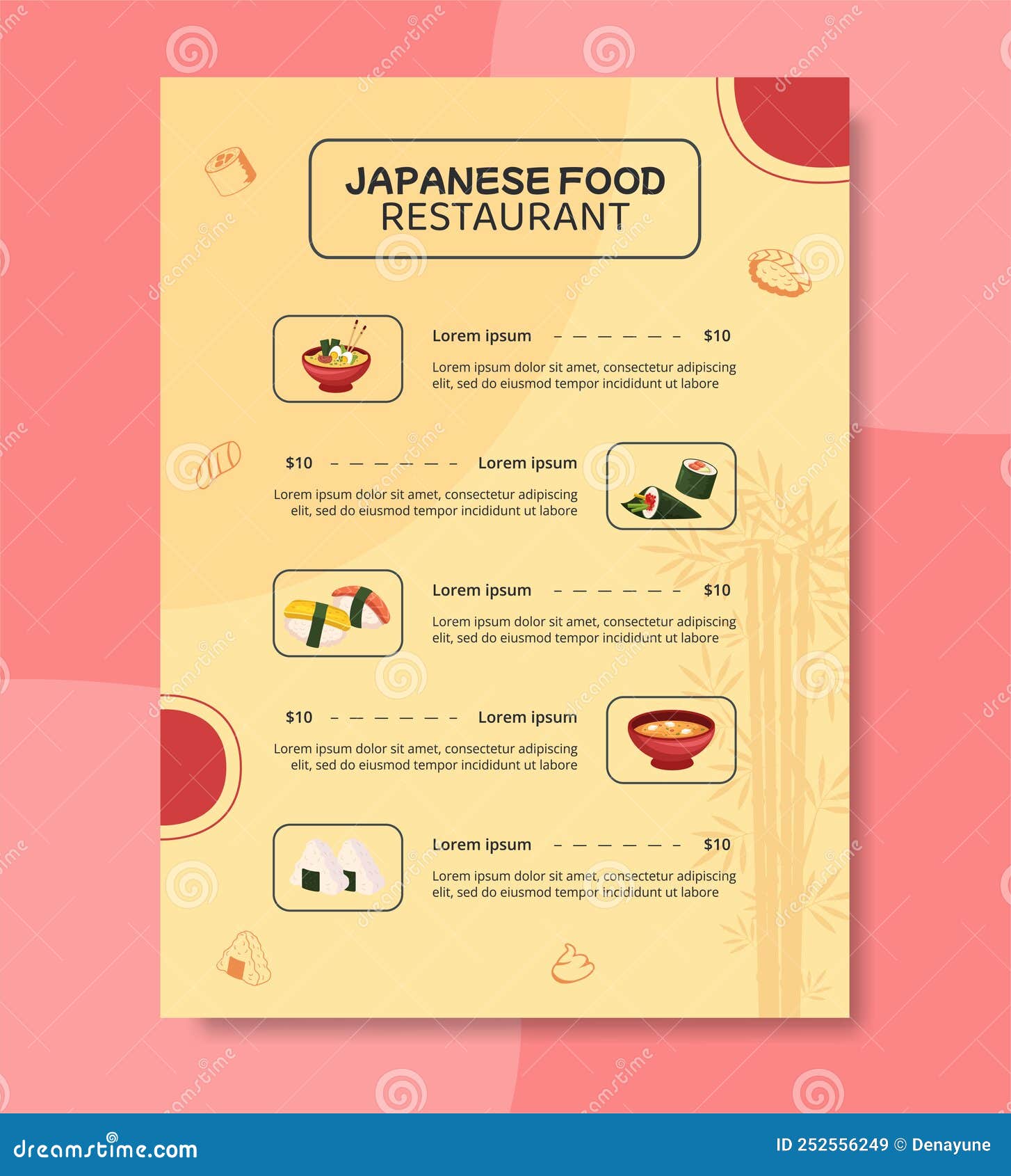 Japanese Food Menu Template Flat Cartoon Background Vector Illustration ...