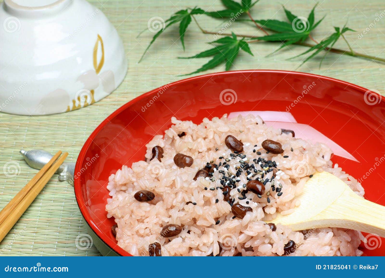 Japanese food(sekihan) stock image. Image of grains, leaf - 21825041