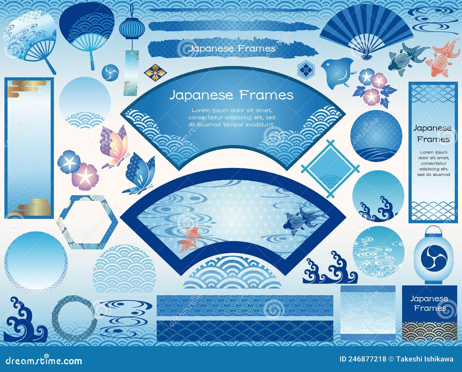 Japanese Style Frames, Backgrounds, and Graphic Elements Set Decorated ...