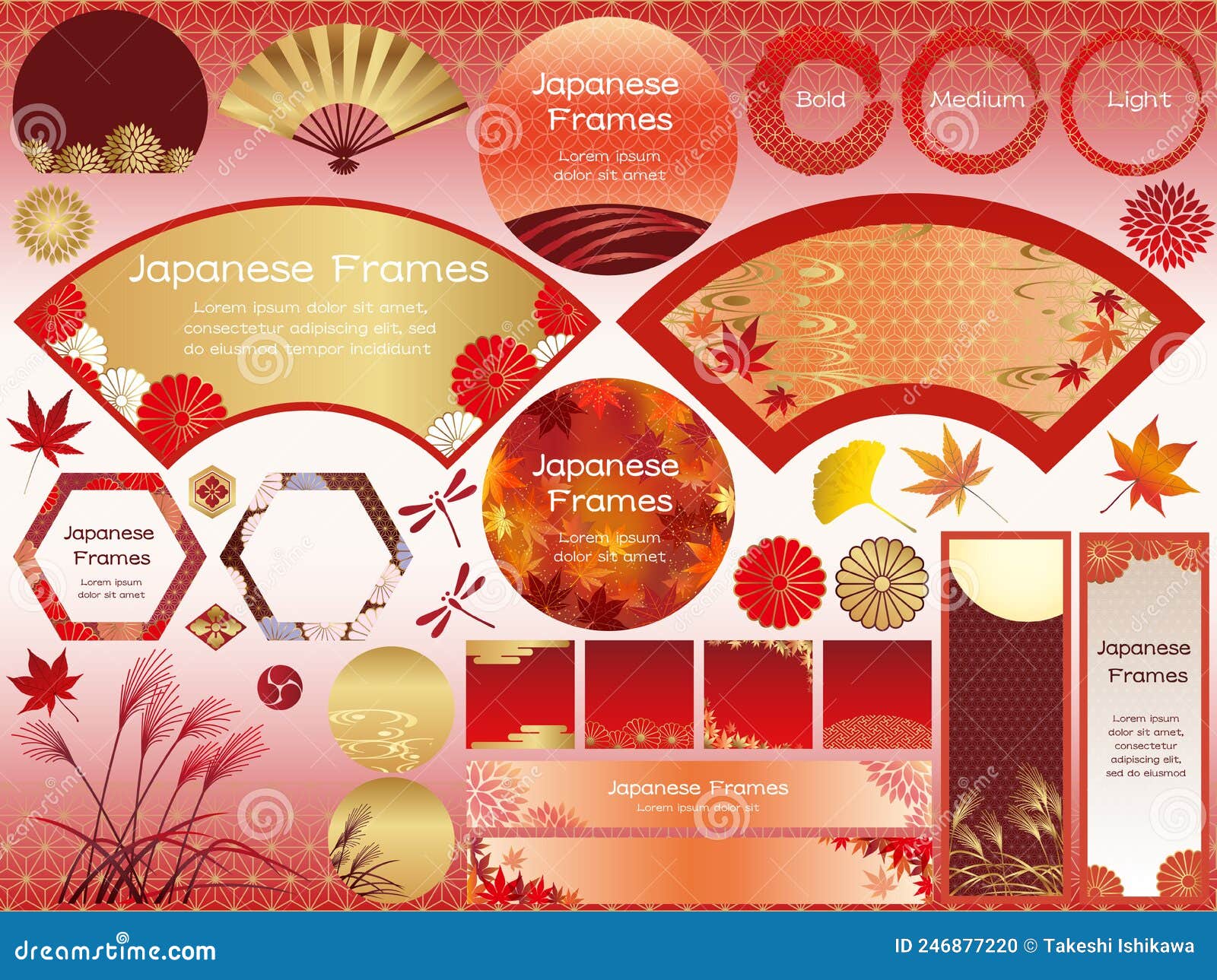 Japanese Style Frames, Backgrounds, and Graphic Elements Set Decorated ...