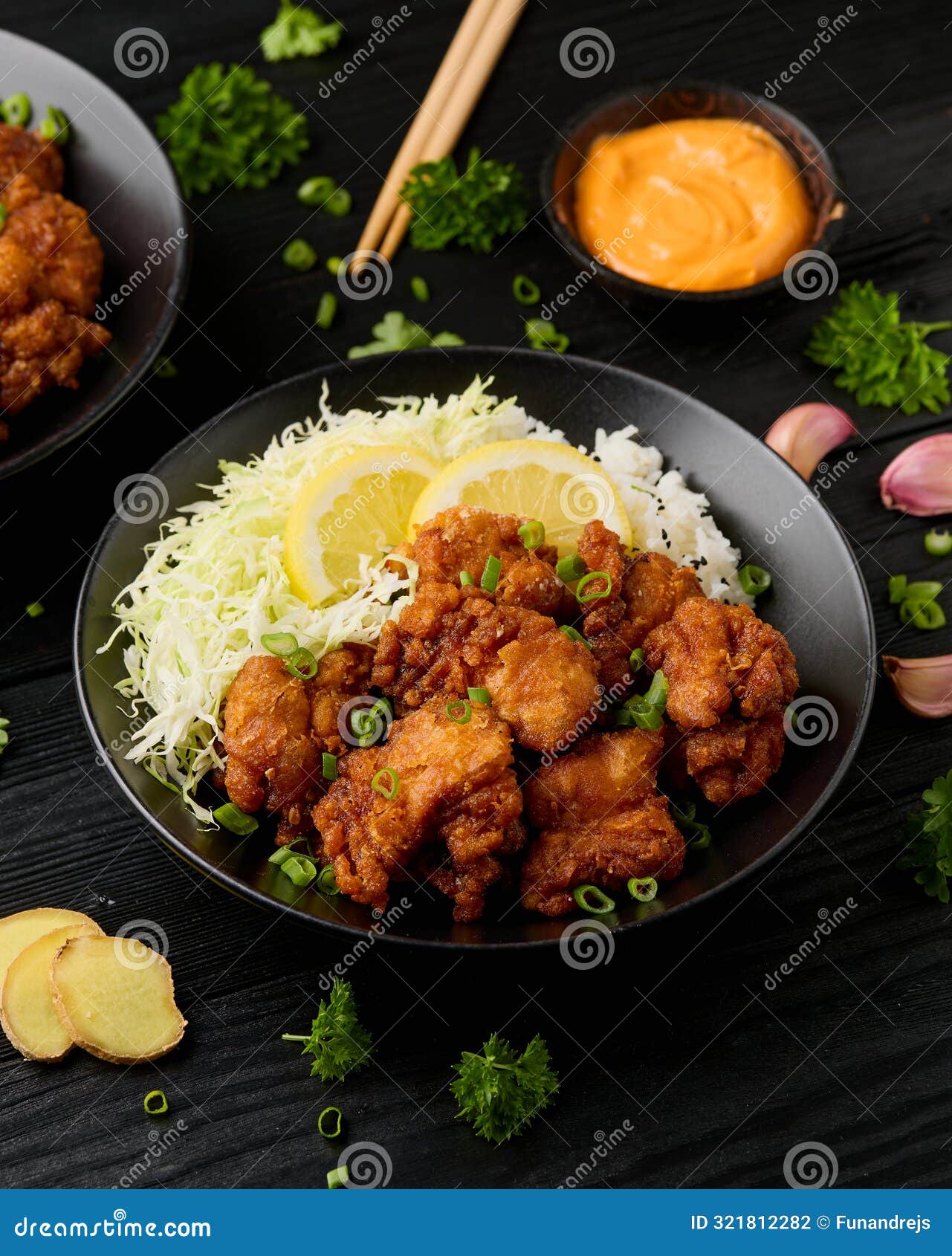 Japanese Fried Crispy Chicken Karaage in Black Bowl with Rice and ...