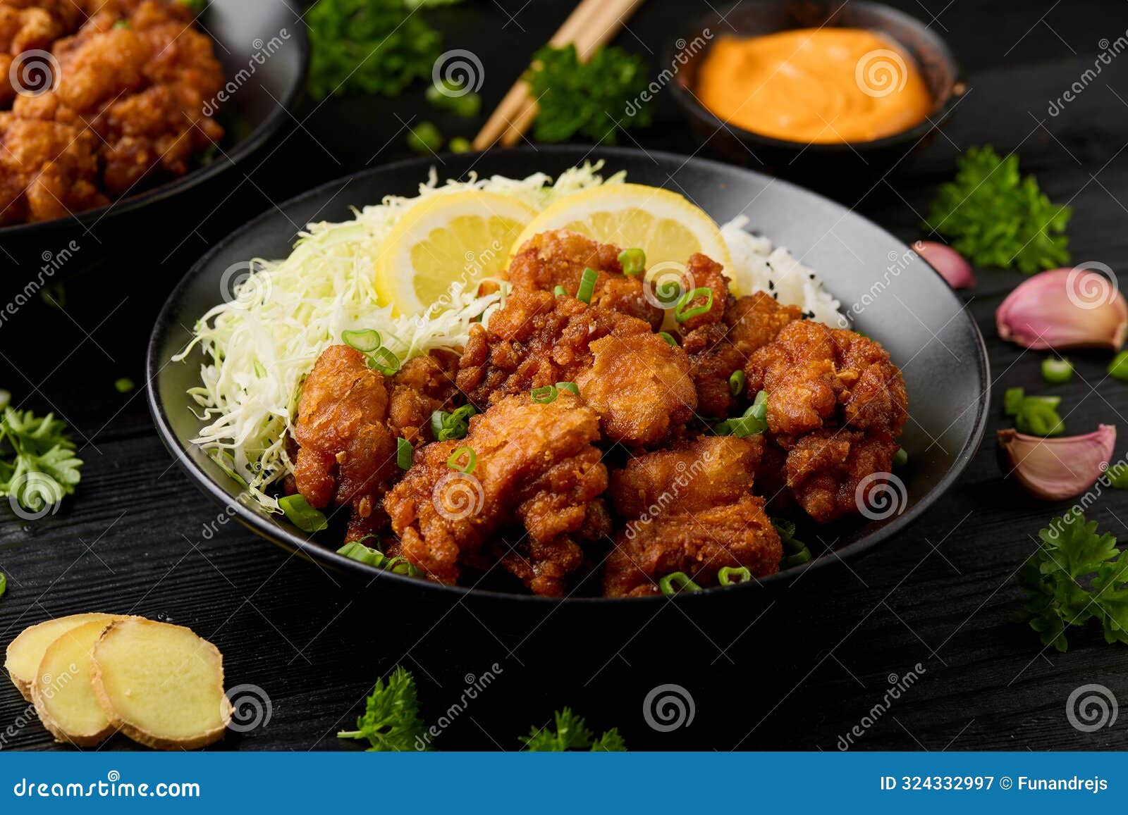 Japanese Fried Crispy Chicken Karaage in Black Bowl with Rice and ...