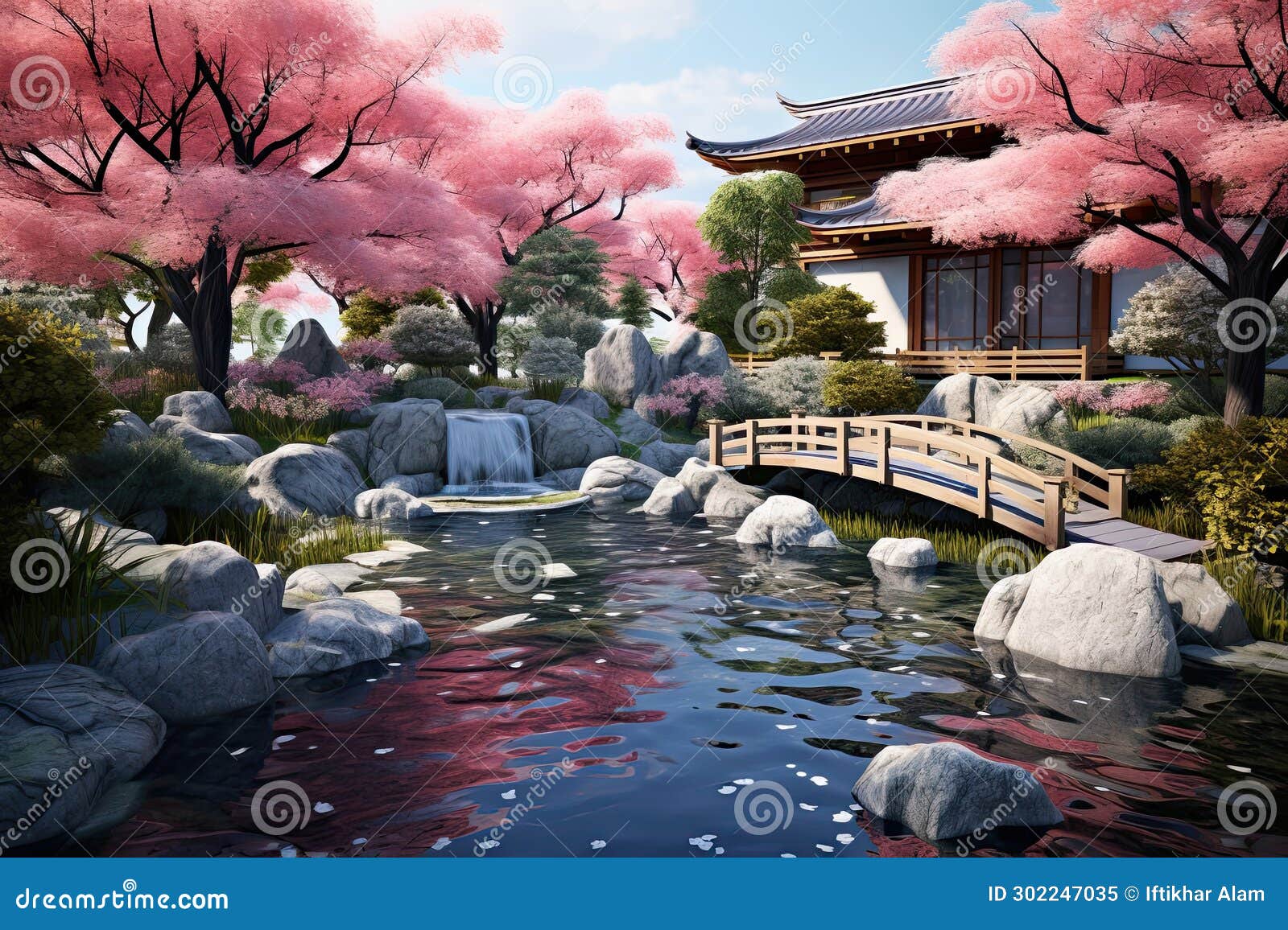 Japanese Garden with Cherry Blossoms and Pond in Spring, 3d Render, AI ...