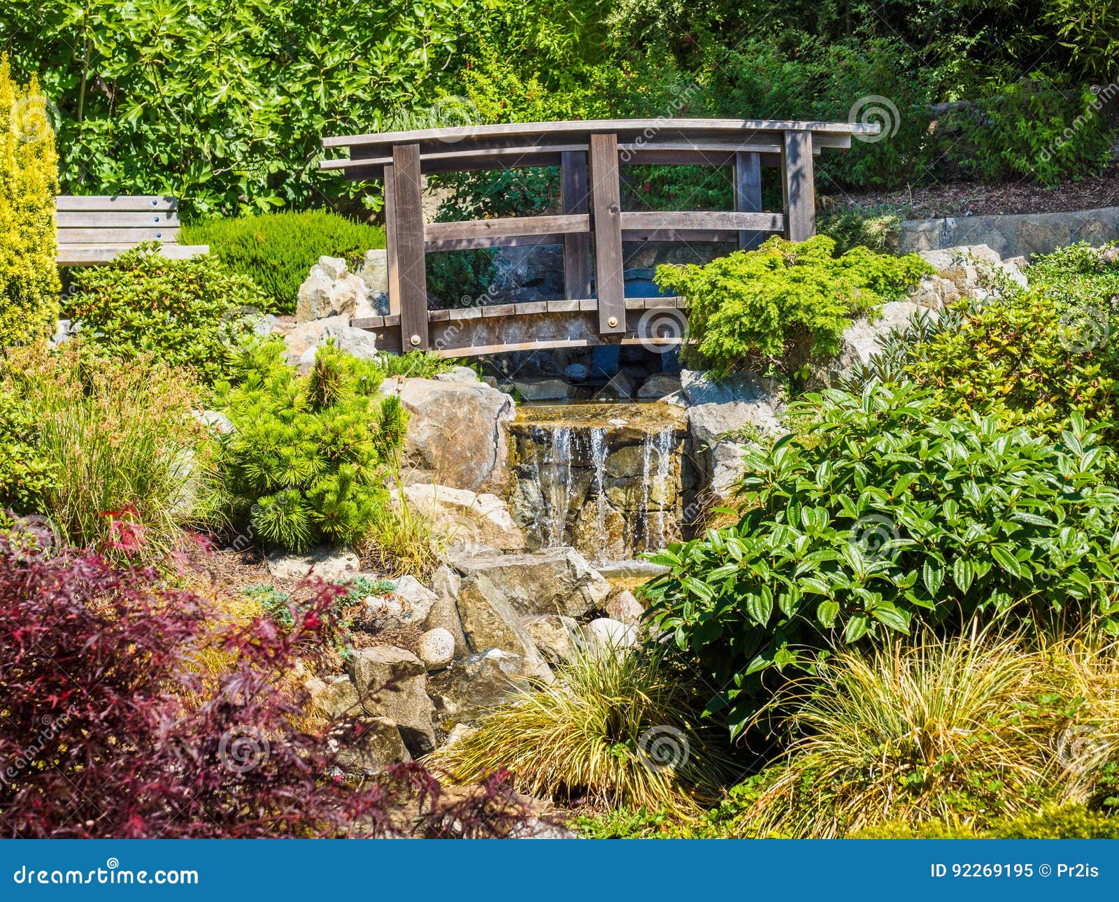 Japanese Garden Design with Waterfall and Bridge Stock Image - Image of ...