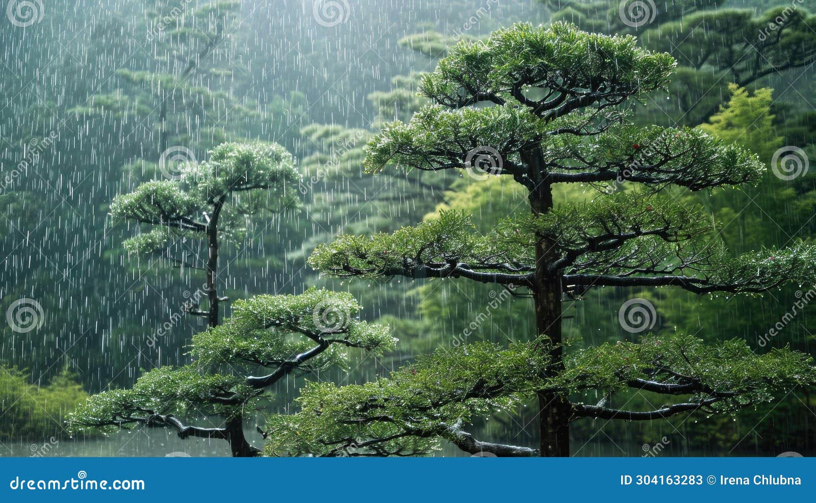 Japanese Garden Pine Trees in Spring Rain Stock Illustration ...