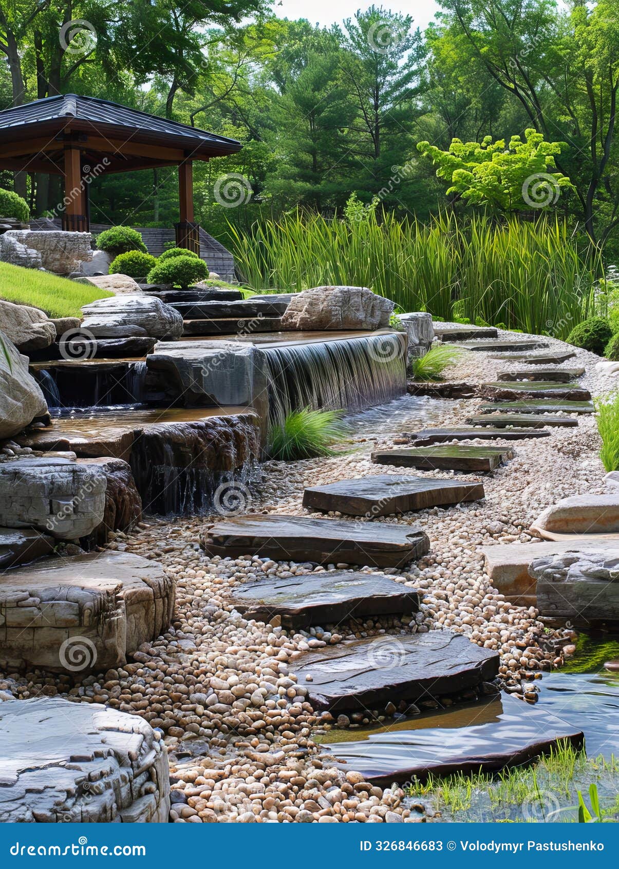 A Japanese Garden with Stone Steps and Water Stock Image - Image of ...