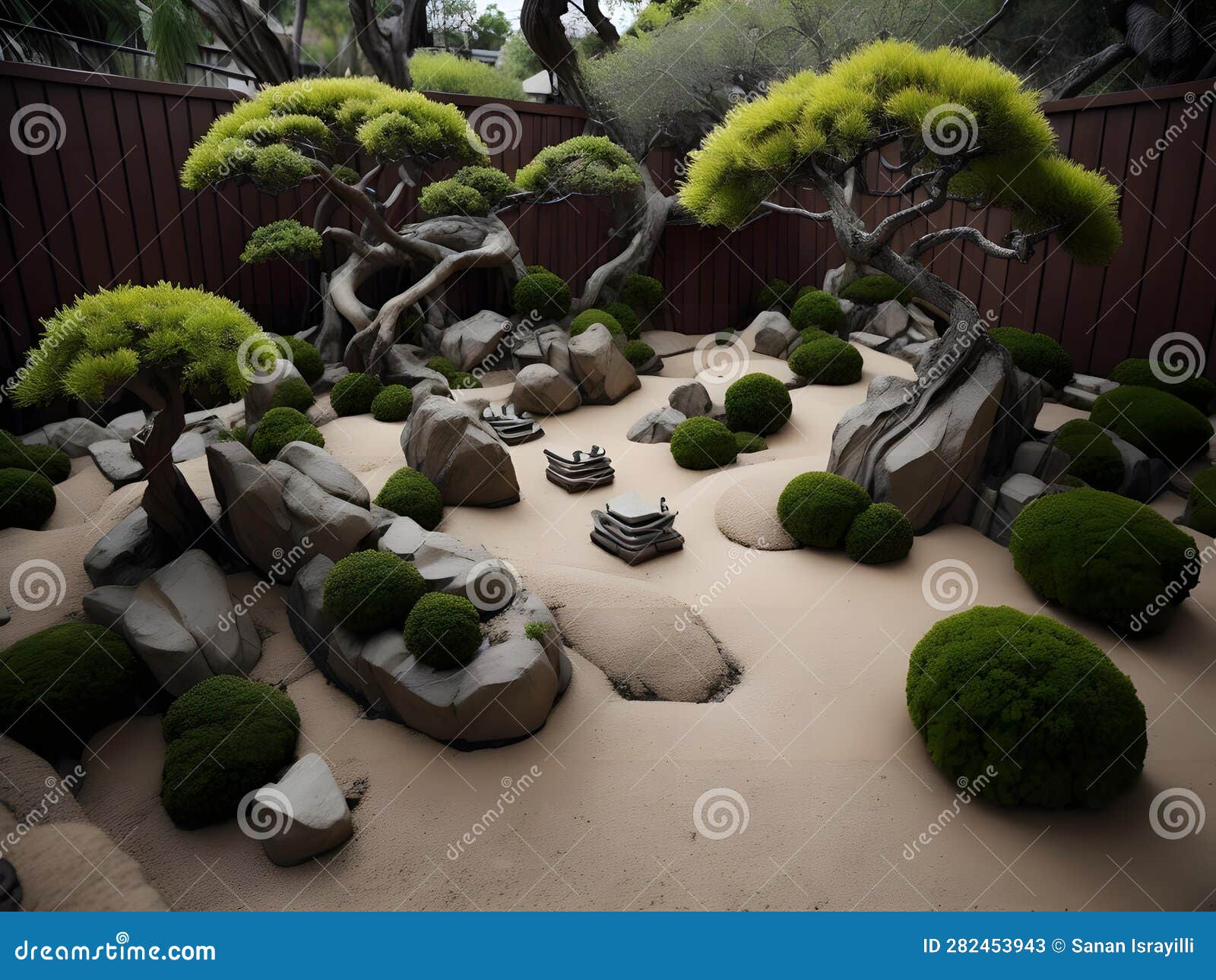 Japanese Garden with Japanese Style Tree and Stone, Generative Ai Stock ...
