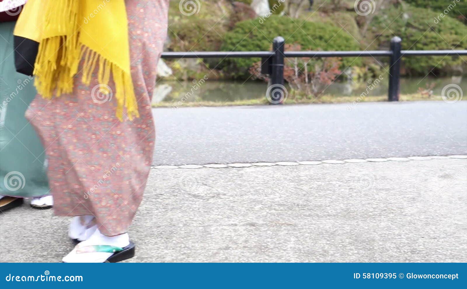 Japanese Girls Wear Kimono Parasol And Geta Japan Sandal Footwear Stock
