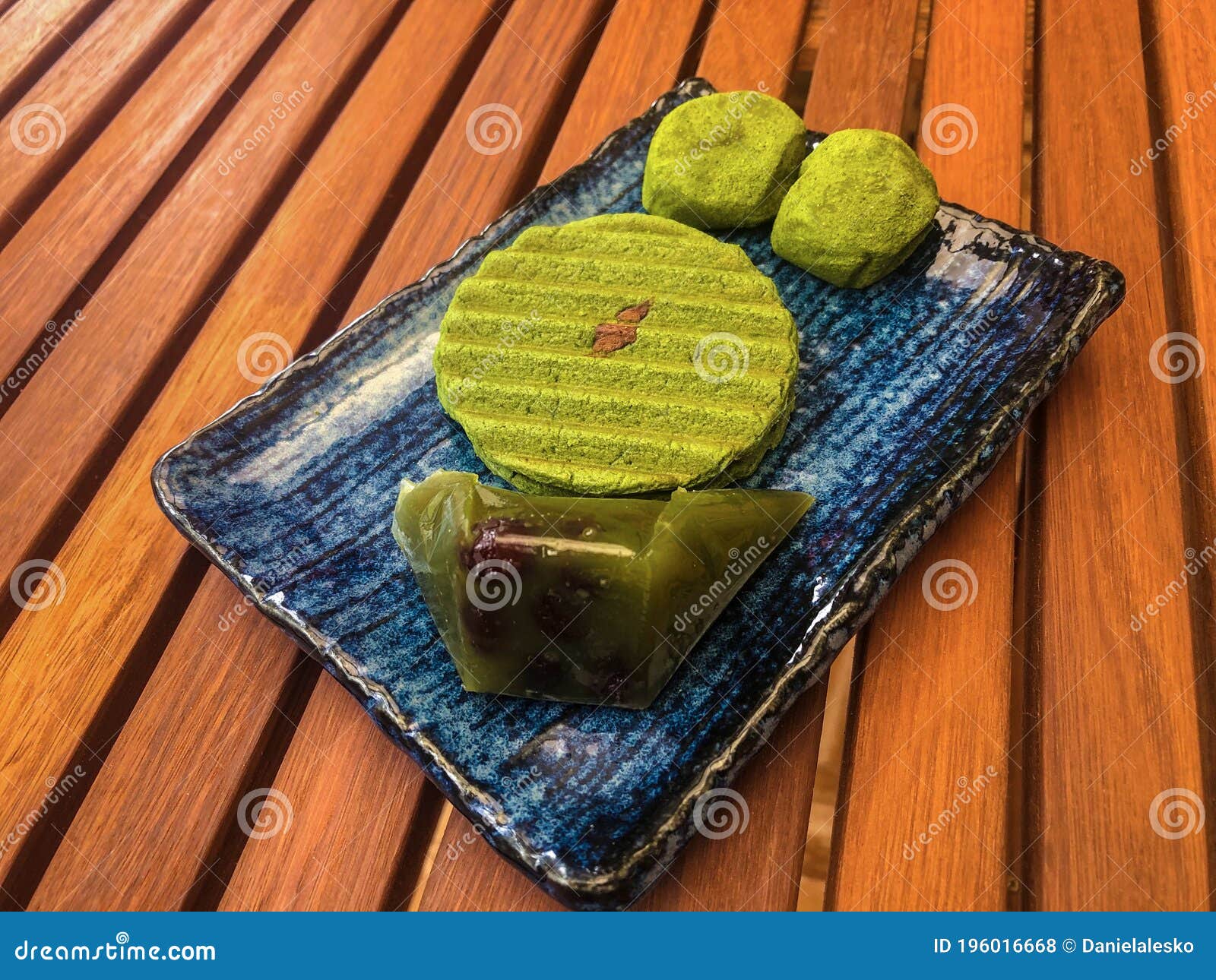 Japanese Green Tea Snacks on a Blue Plate Stock Photo - Image of blue ...