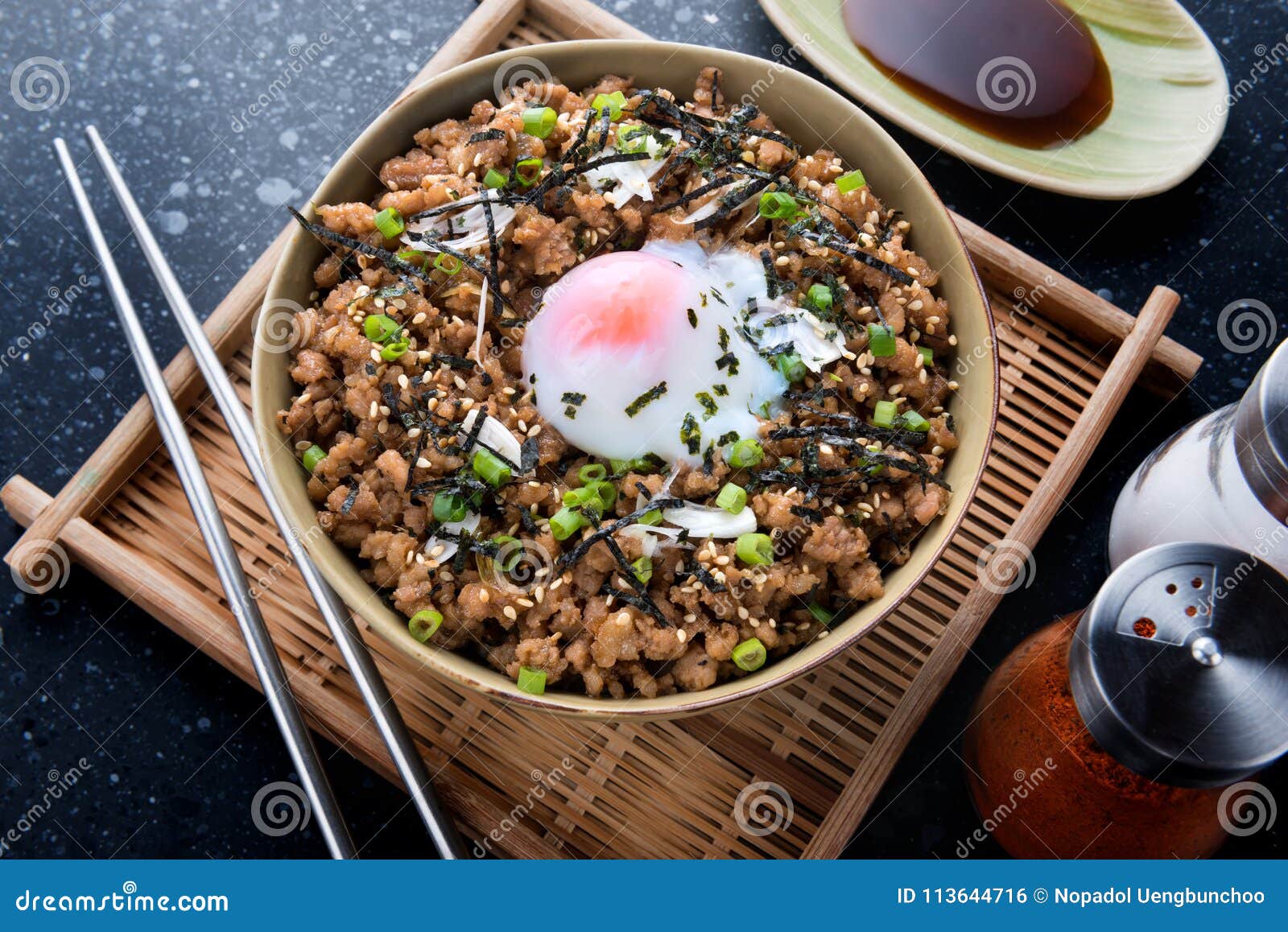 Japanese minced beef bowl. stock photo. Image of liquid - 113644716
