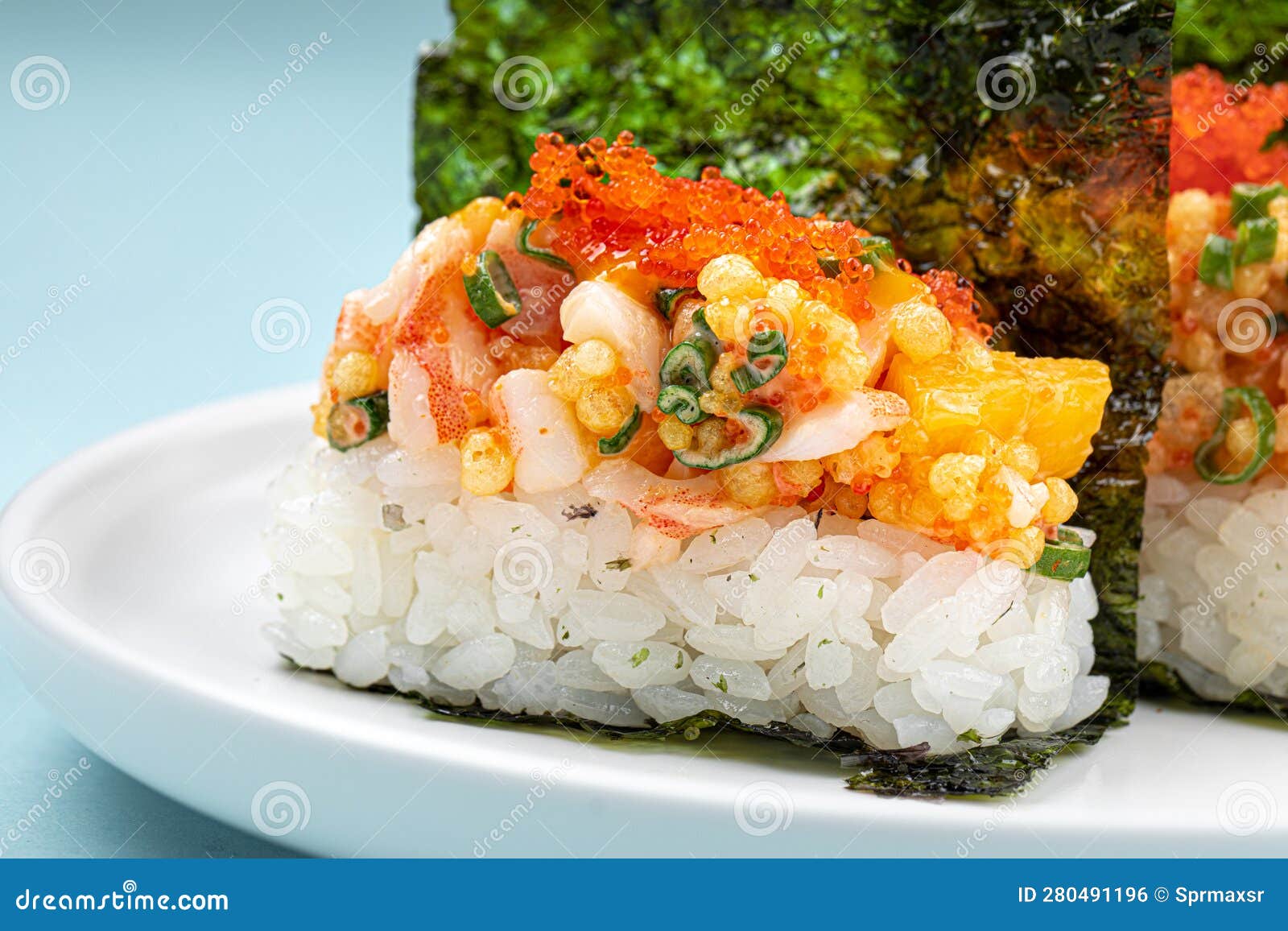 Japanese Hand Rolls with Shrimp and Caviar Stock Photo - Image of meal ...
