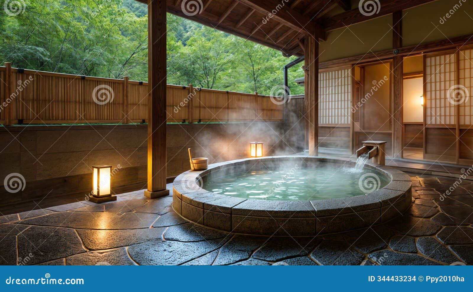 Japanese hot spring(Onsen) stock illustration. Illustration of ...