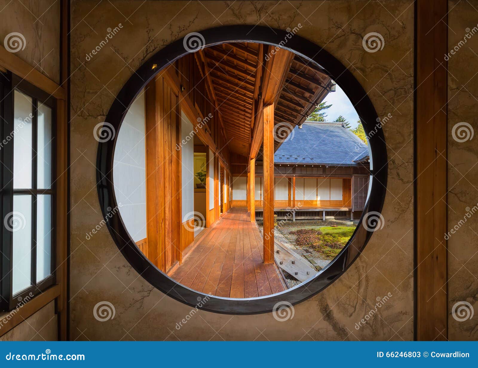 A Japanese House through a Round Window Stock Image - Image of garden ...