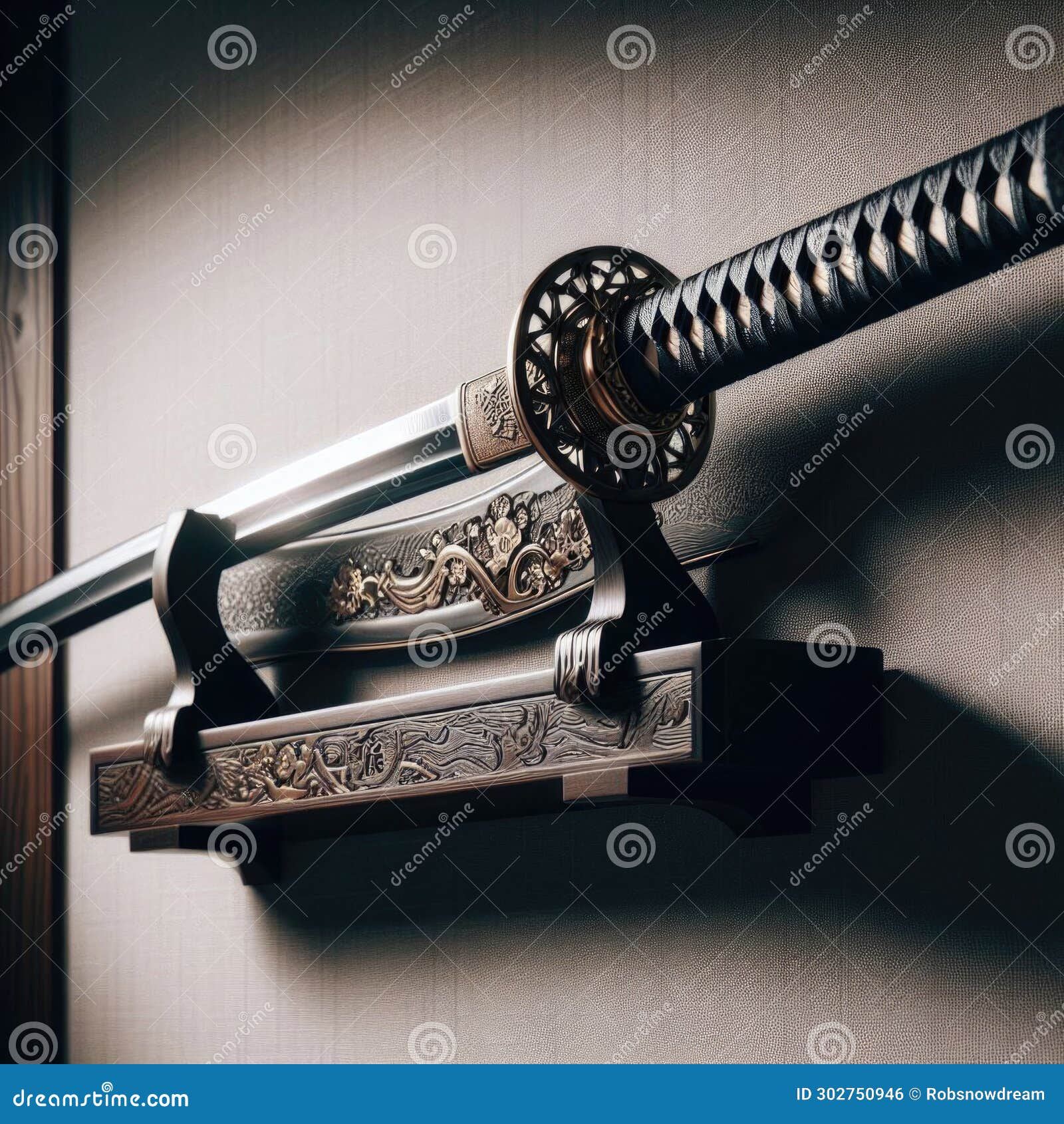 Japanese Katana Mounted on Display Stand on Wall Stock Illustration ...
