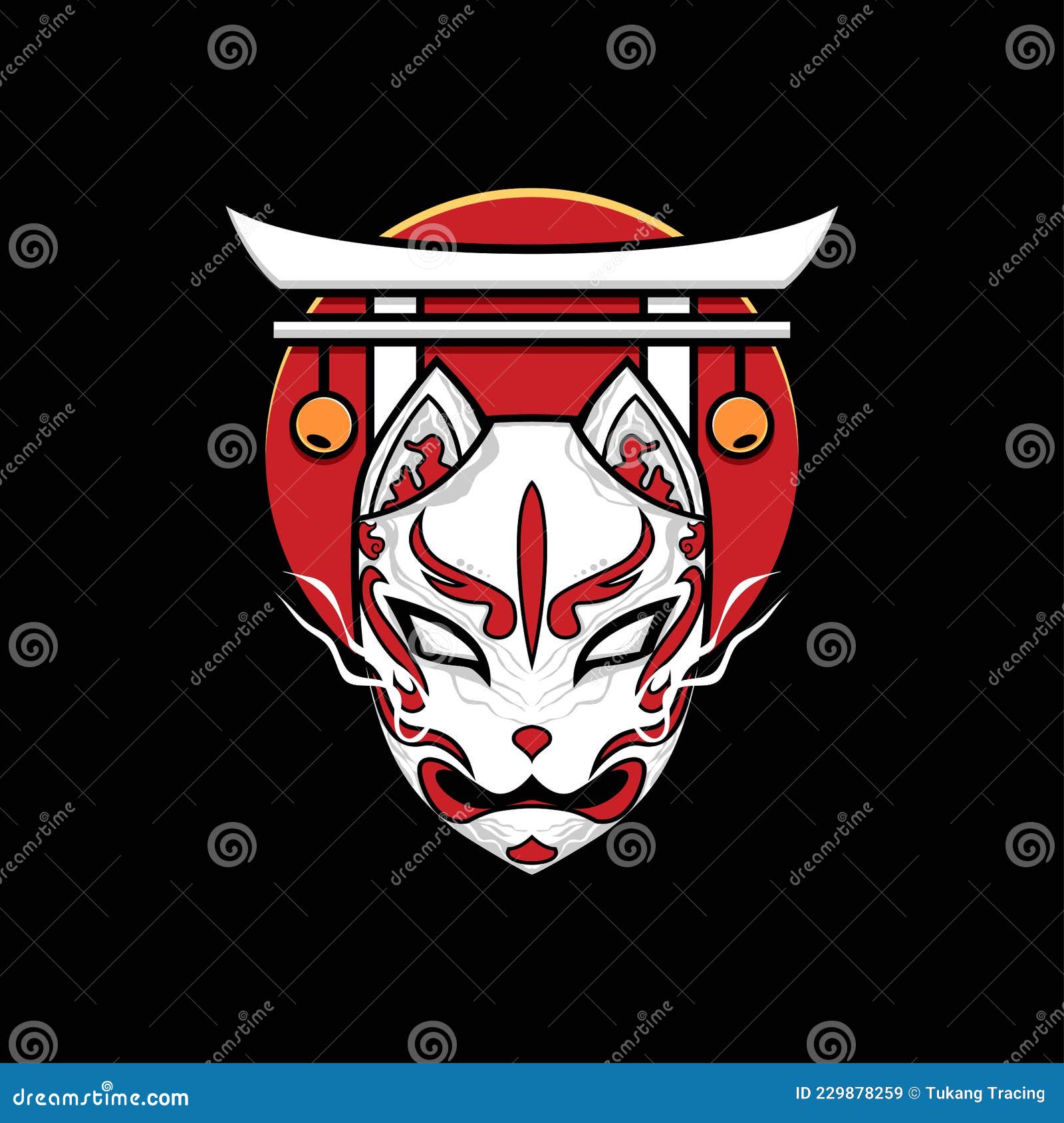 Kitsune Mask Outline Line Art Illustration With Floral Ornament Cartoon ...