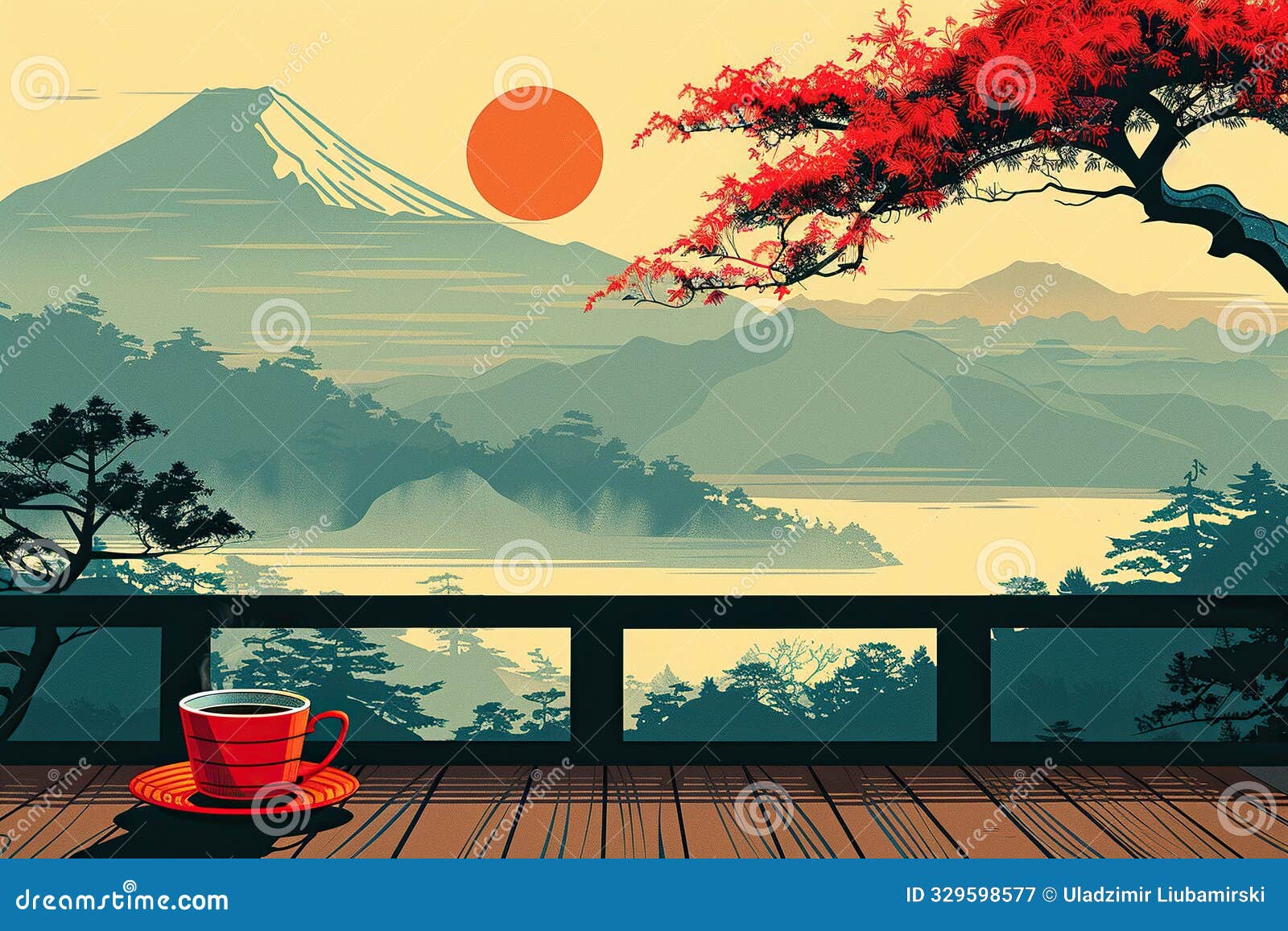 Japanese Landscape in Flat Ukiyo-e Design. Generated by Artificial Intelligence Stock Image ...